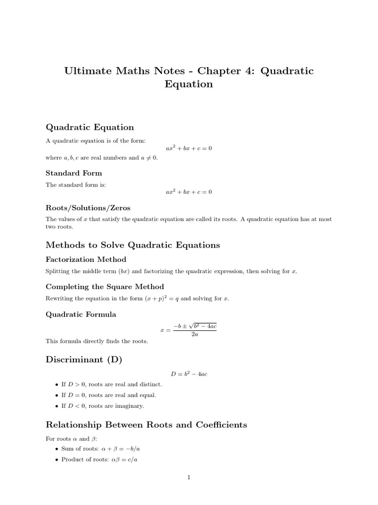 Ultimate Maths Notes Chapter 4 Styled | PDF | Quadratic Equation ...