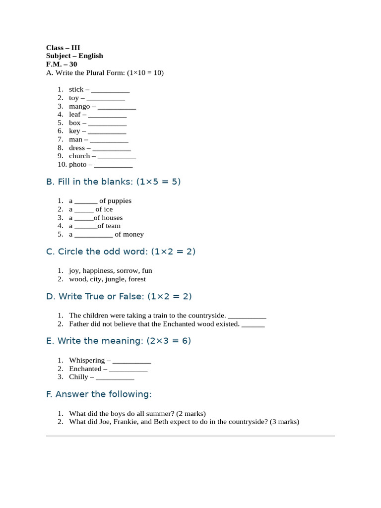 Cl.3 English Question Paper | PDF
