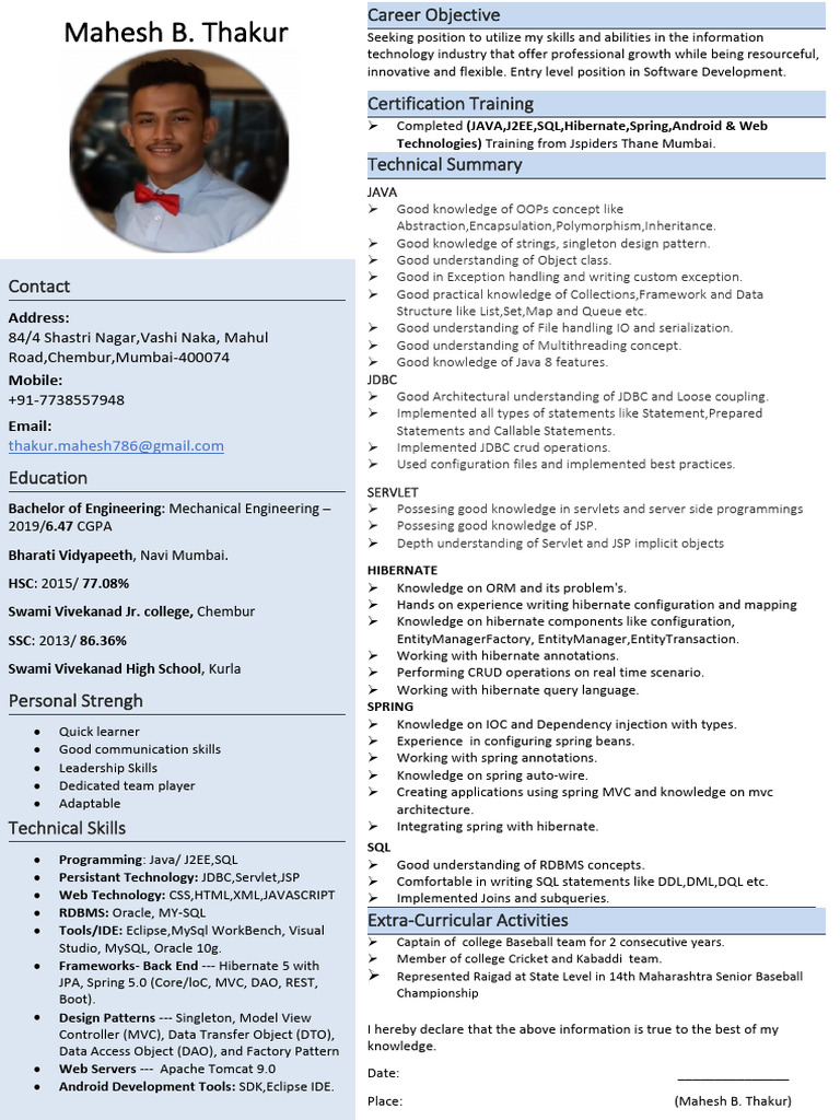 CV Mahesh Thakur PDF | PDF | Data Management Software | Java Platform