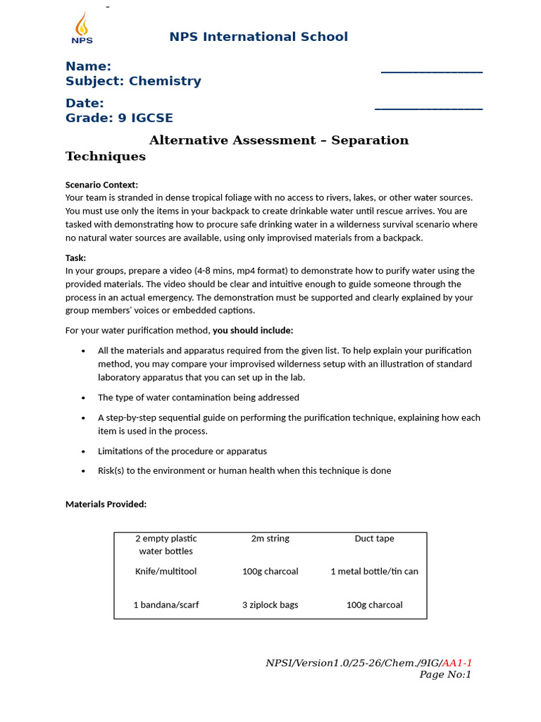 Chemistry AA (1a) 9IGCSE 2025-26 | PDF