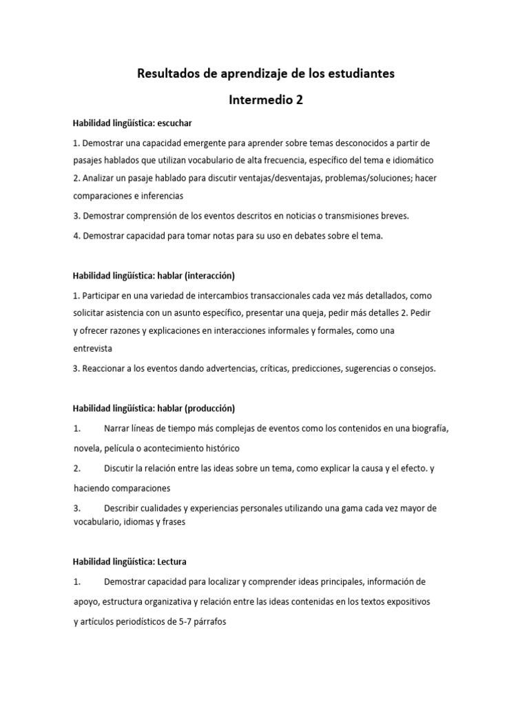 Resultados de Aprendizaje Intermedio 2 | PDF | Lingüística | Aprendizaje