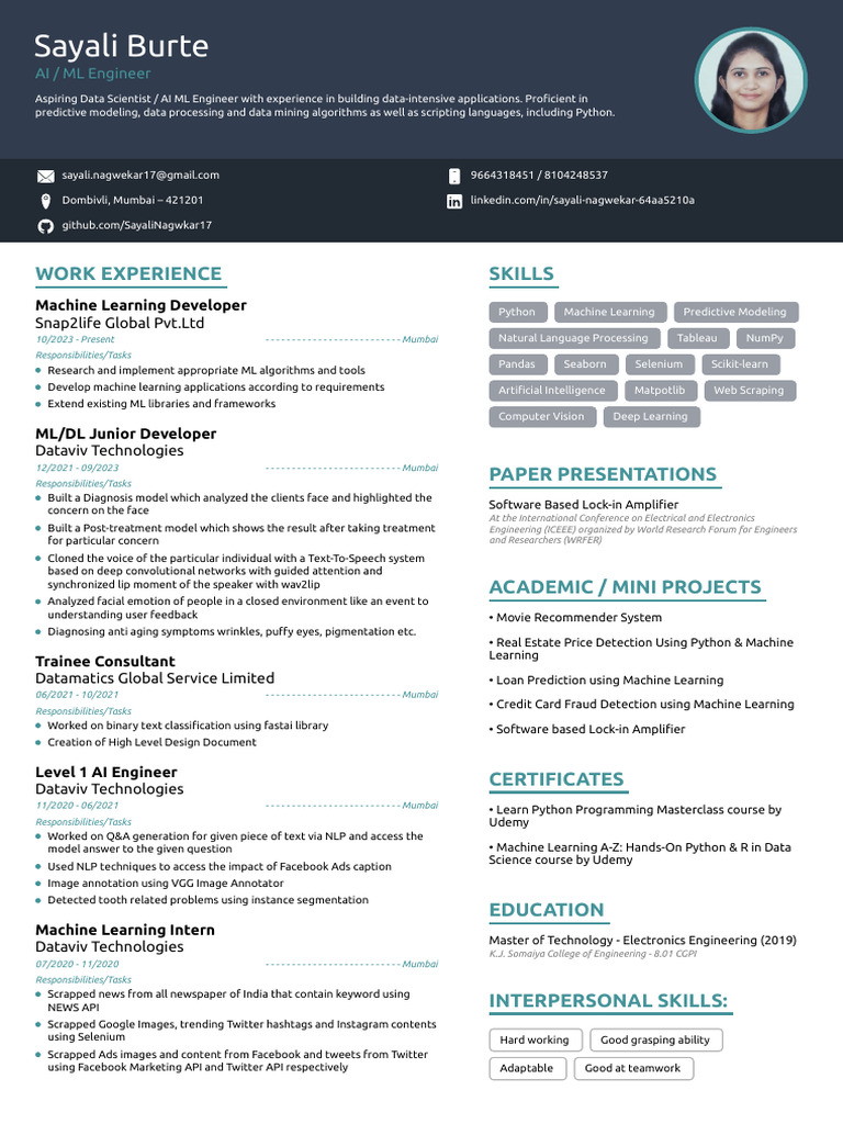 Sayali's Resume.pdf | PDF | Machine Learning | Artificial Intelligence