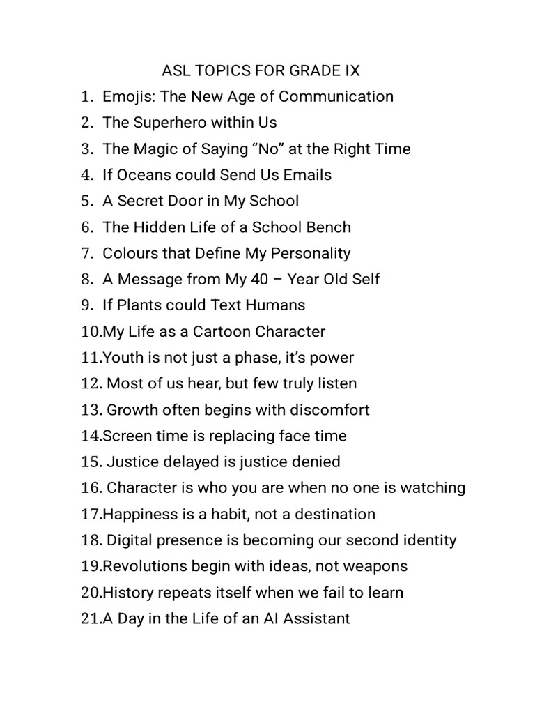 ASL Topics for Grade IX Students | PDF