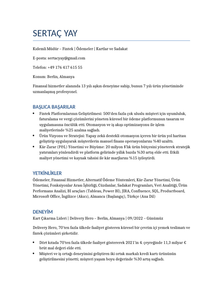 CV Sertac Yay Turkish ATS | PDF