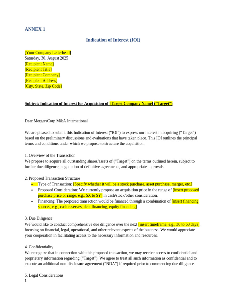 Indication of Interest Template for M&A | PDF | Mergers And ...