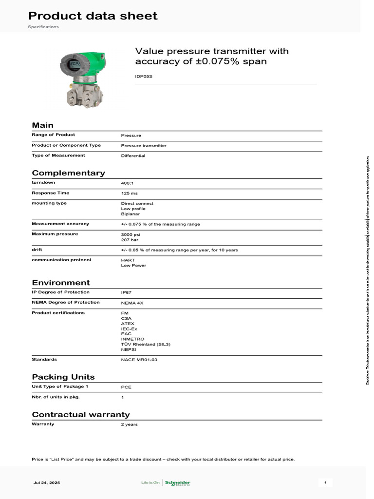 Schneider Electric Foxboro-Pressure-Transmitters IDP05S | PDF | Economy ...