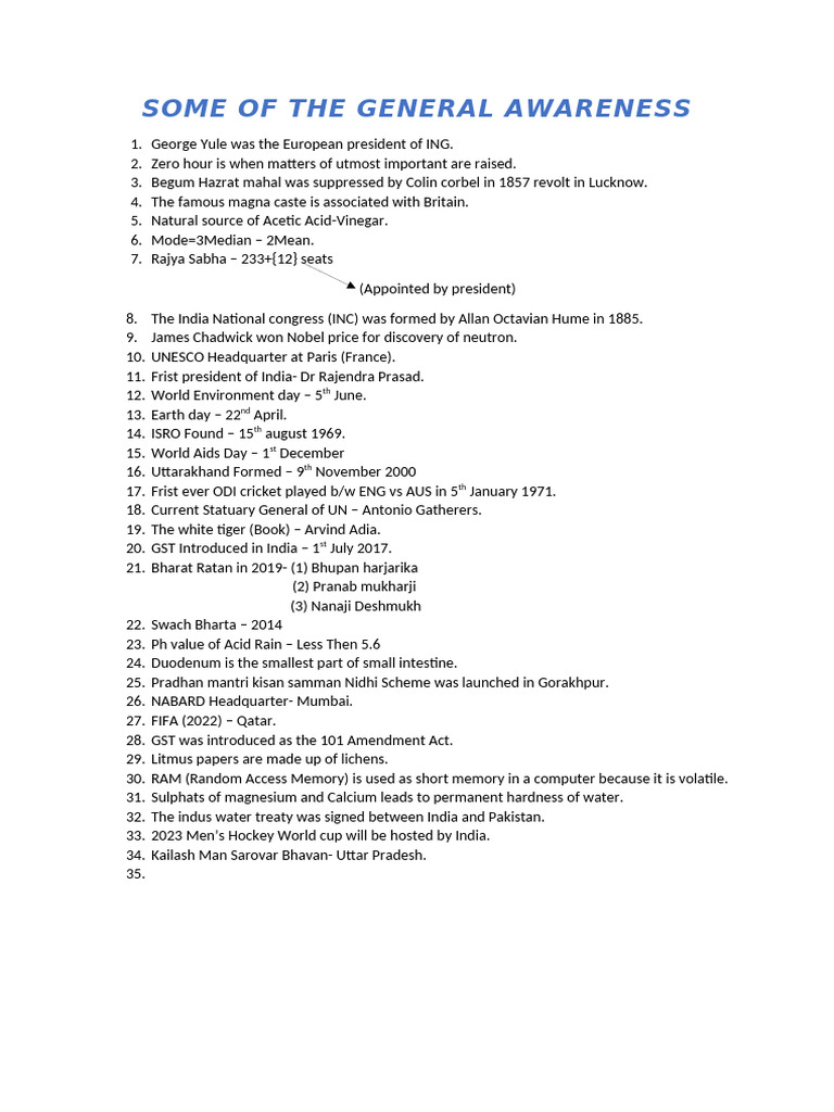 Some of The General Awareness | PDF