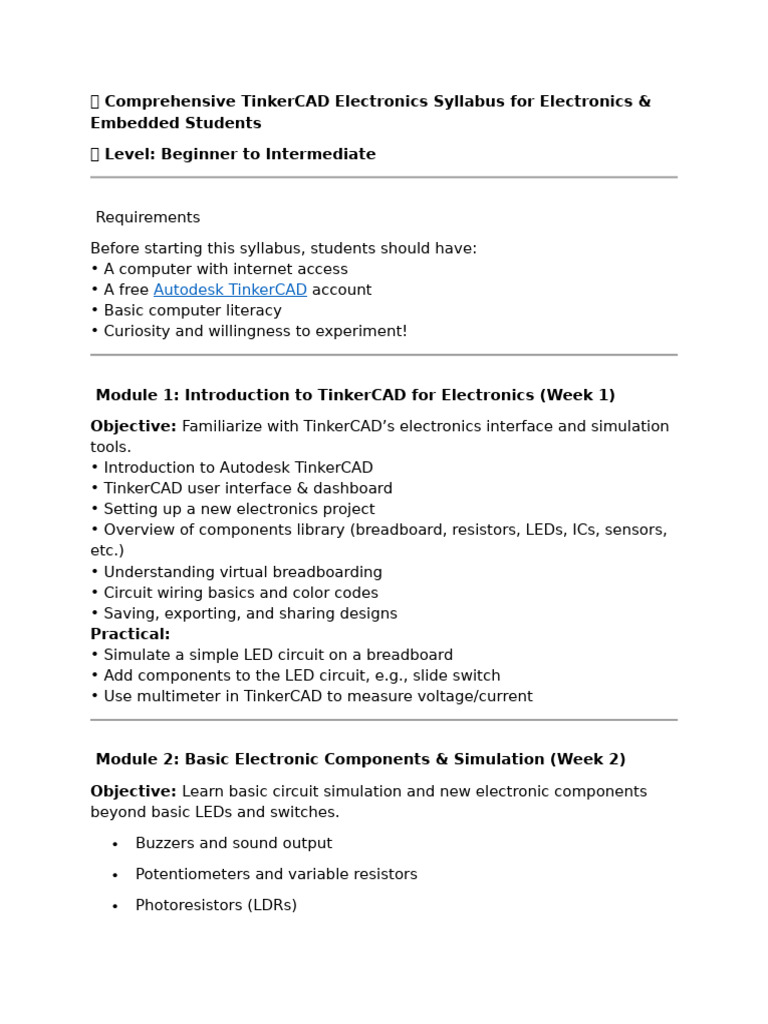 ? Comprehensive TinkerCAD Electronics Syllabus For Electronics | PDF ...