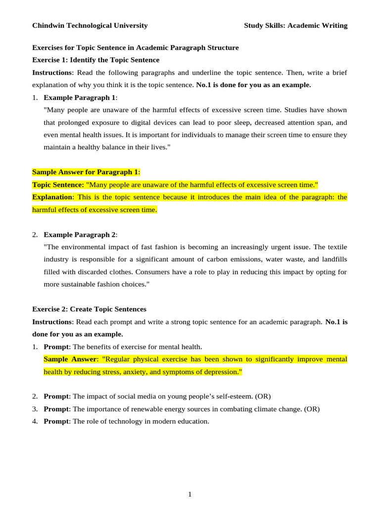 Exercises for Crafting Topic Sentences | PDF | Climate Change | Mental ...
