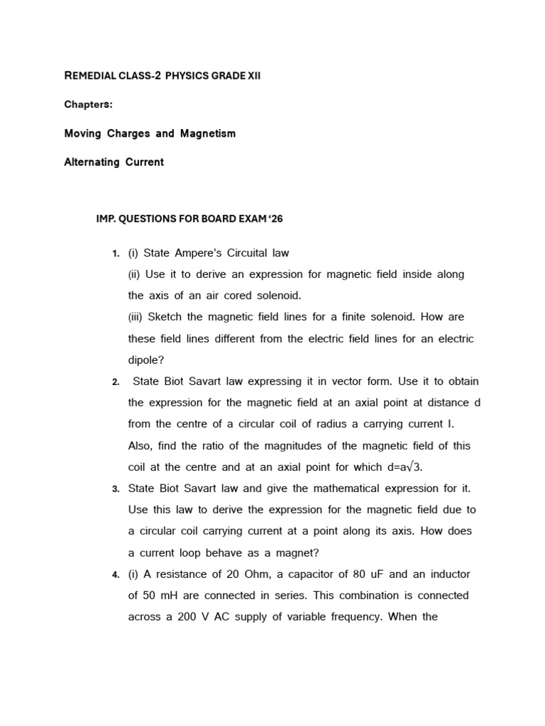 Remedial 2 Class 12 Physics | PDF | Inductor | Electrical Impedance