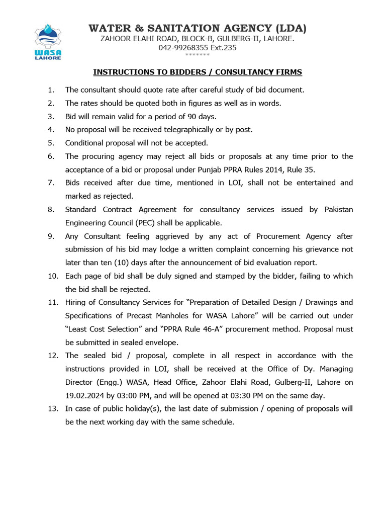 Consultancy Bid Instructions for WASA Lahore | PDF