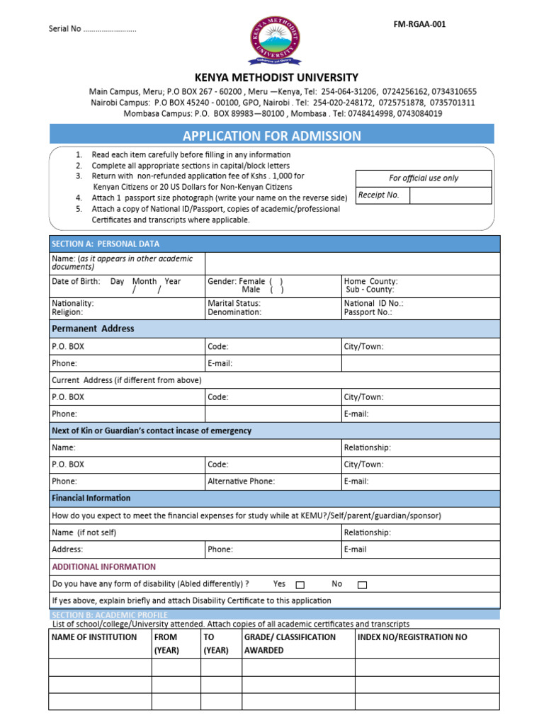 Kenya Methodist University Admission Form | PDF