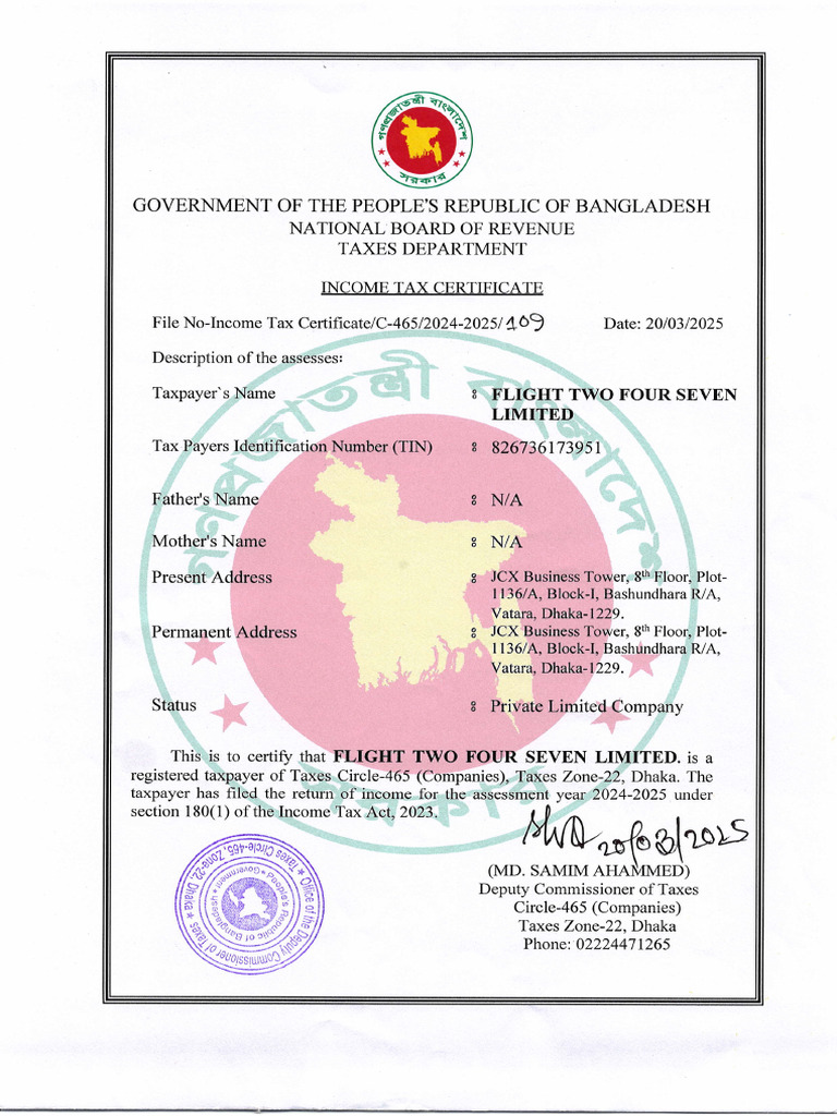Income Tax Certificate Flight 247 LTD 24-25 | PDF