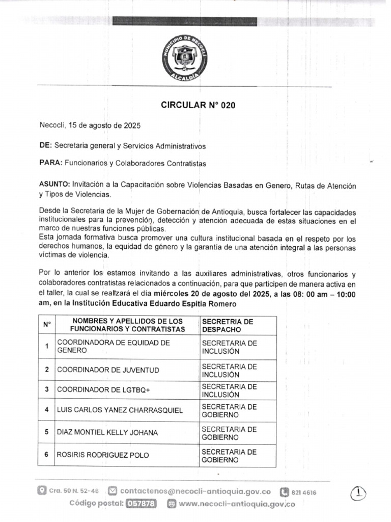 Circular 020 Del 15-08-2025 Capacitacion Rutas de Atencion y Ti | PDF