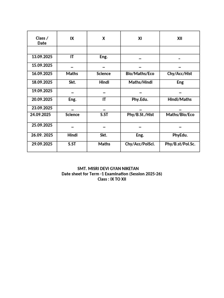 Class Ix To Xii Datesheet First Term | PDF