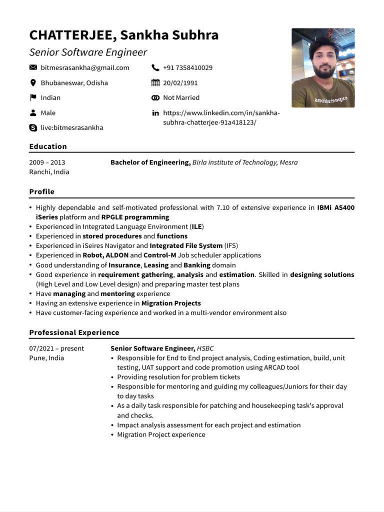 CHATTERJEE Sankha Subhra Resume PDF | PDF | Computer Programming | Ibm Rpg