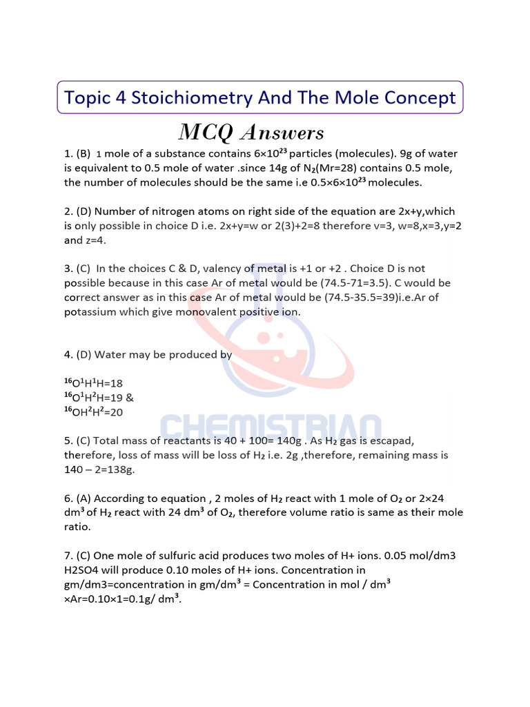Stoichiometry MCQ Answers and Explanations | PDF | Mole (Unit ...