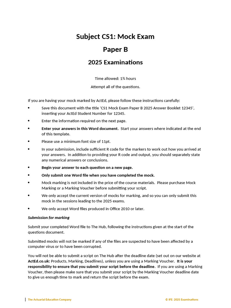 CS1 Mock Exam Paper B 2025 Guide | PDF