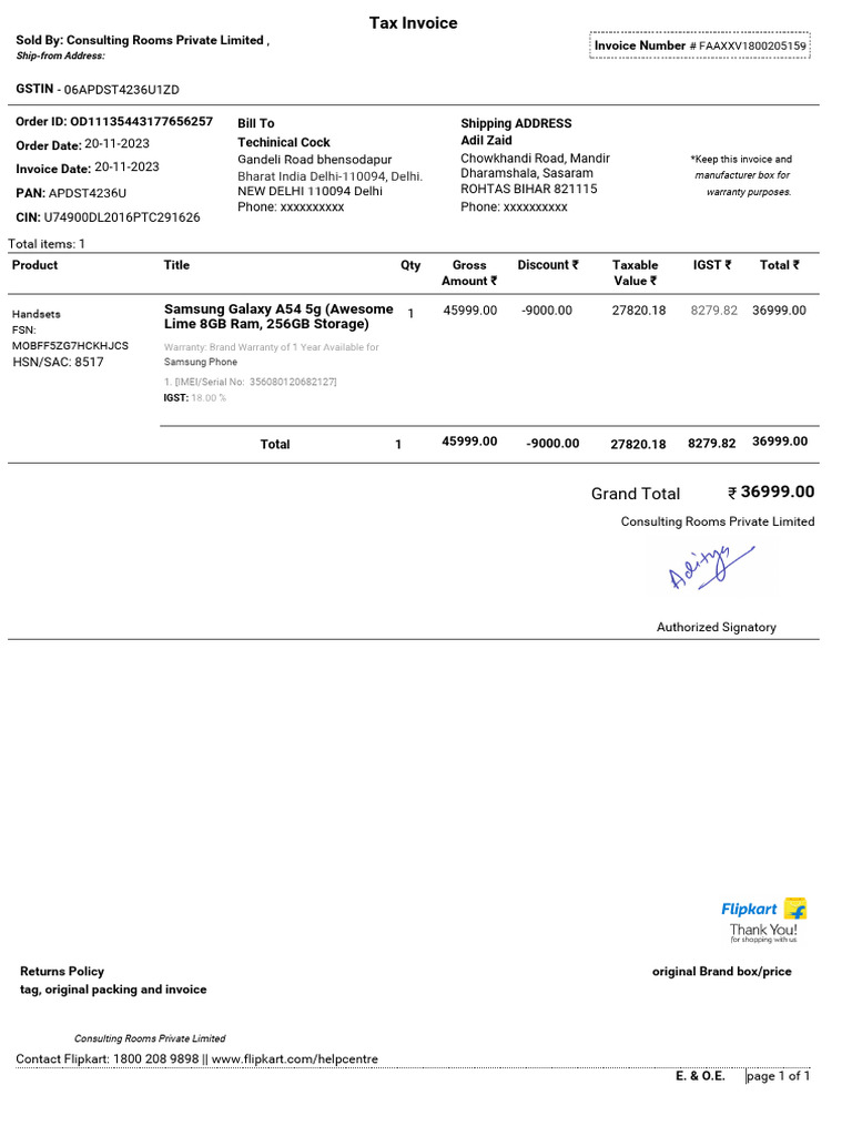 Samsung Galaxy A54 Purchase Invoice | PDF | Mobile Phones