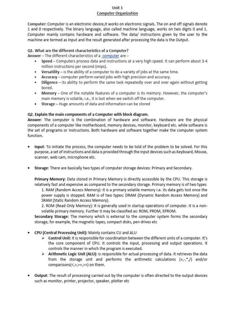 Unit 1 Computer Organization | PDF | Computer Data Storage | Random Access Memory