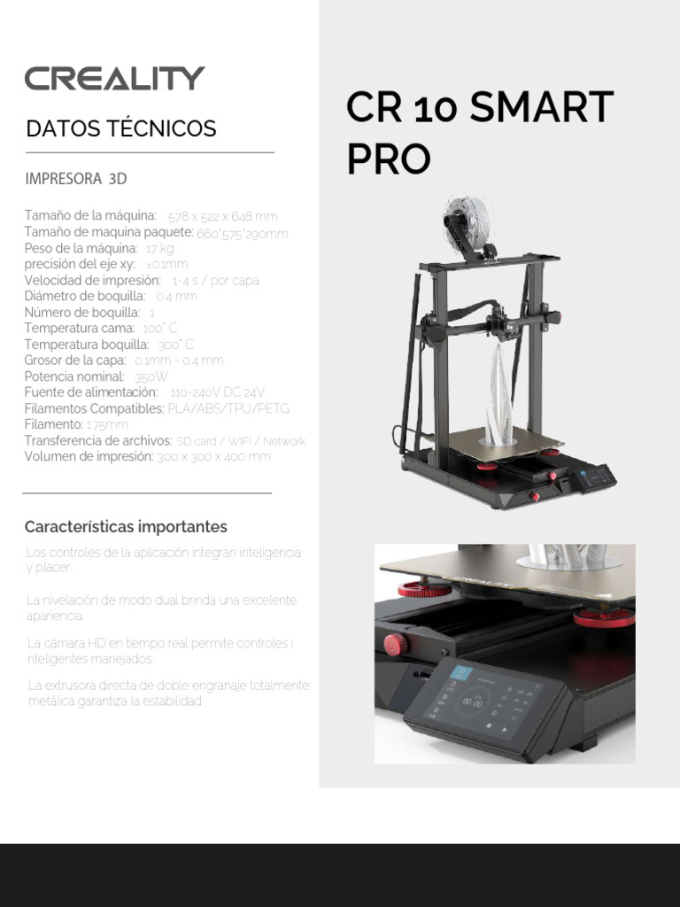 Impresora 3D CR 10 Smart Pro: Especificaciones | PDF