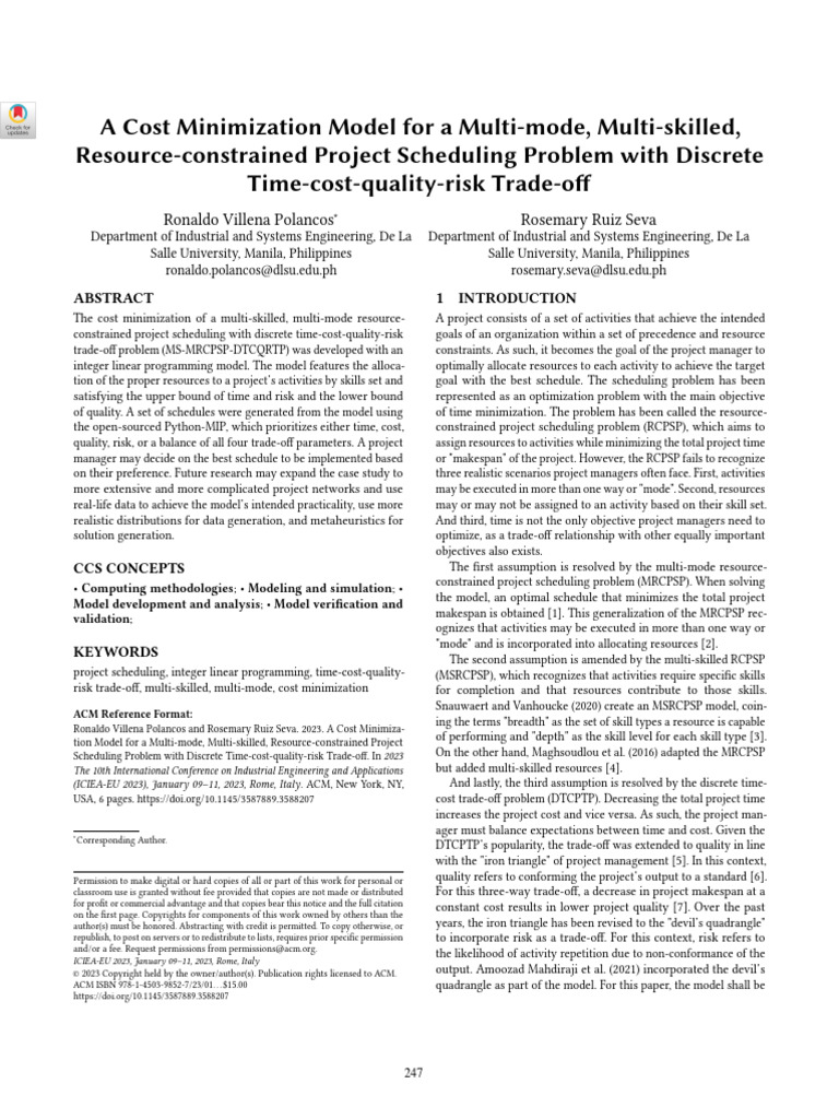 A Cost Minimization Model For A Multi-Mode, Multi-Skilled, Resource-Constrained Project ...