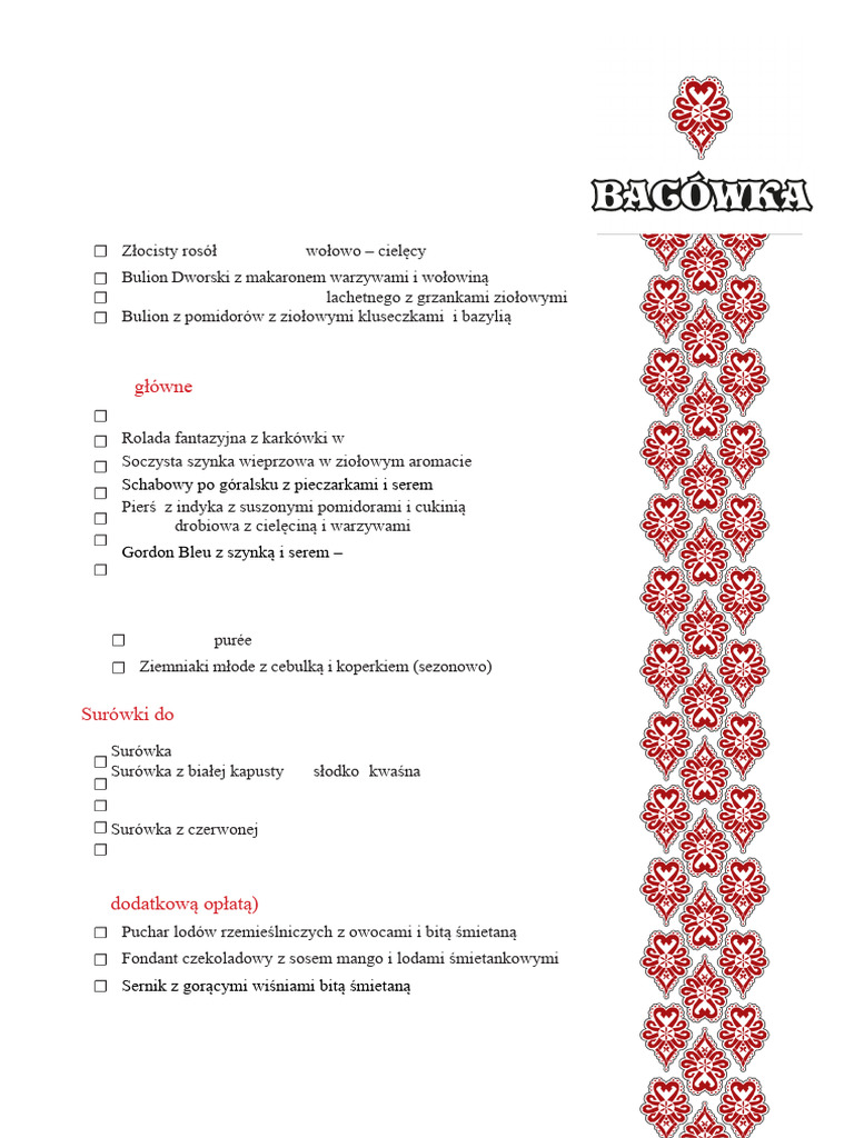 Menu Dom Weselny Bacowka | PDF
