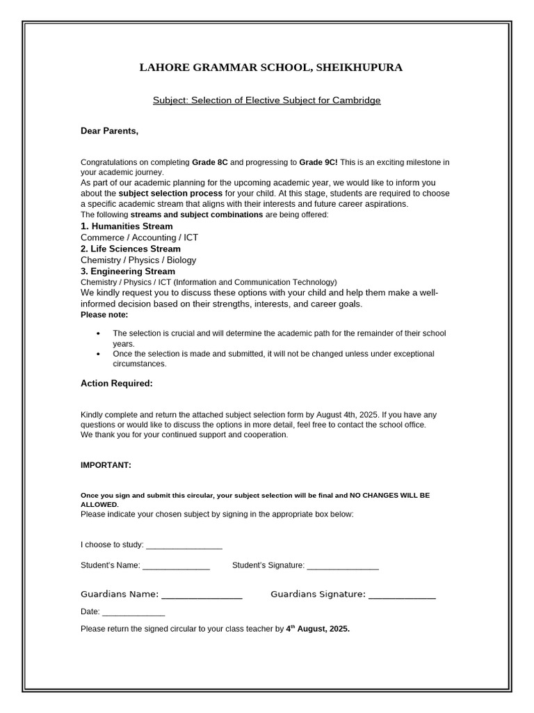 Elective Subject Selection for Grade 9C | PDF