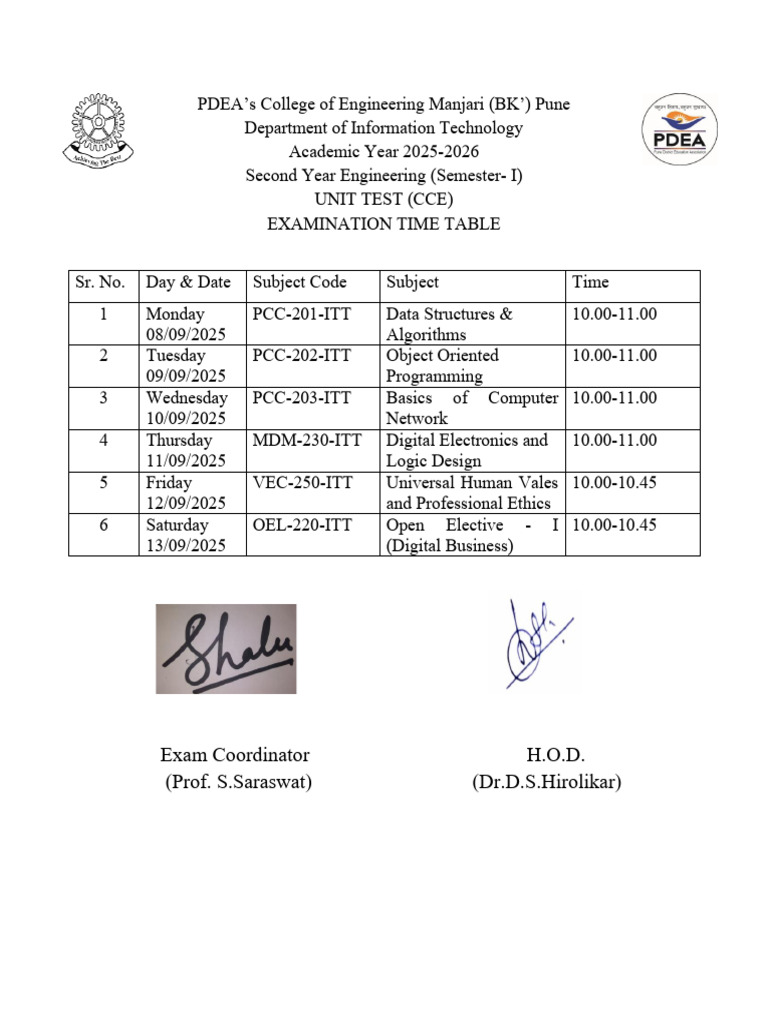CCE Time Table 2025 - IT Department | PDF