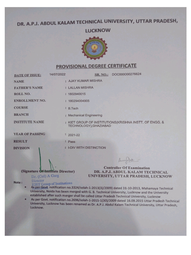 Aktu Provisional Certi | PDF