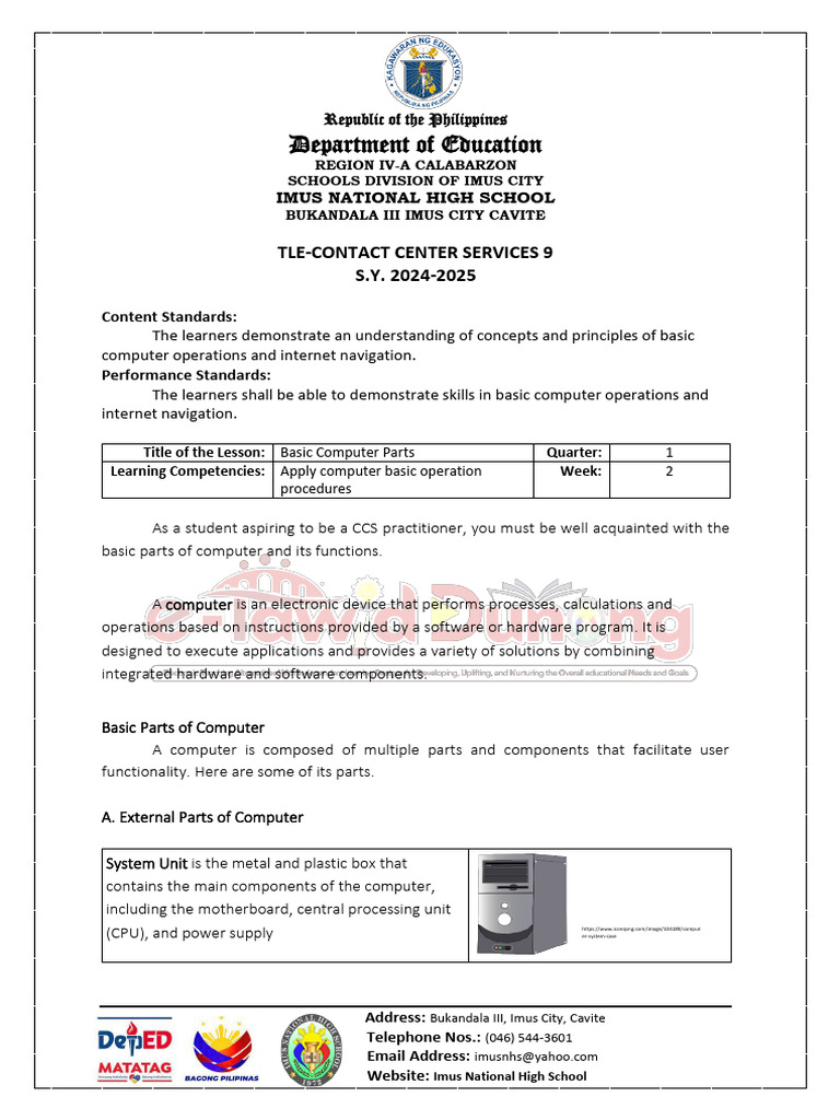 Quarter 1 Lesson #2 - Basic Computer Parts | PDF | Computer Hardware | Computer Data Storage
