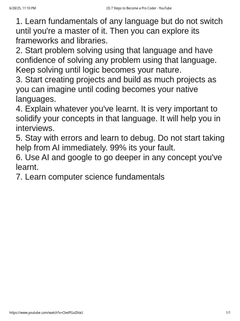 7 Steps To Become A Pro Coder - YouTube | PDF