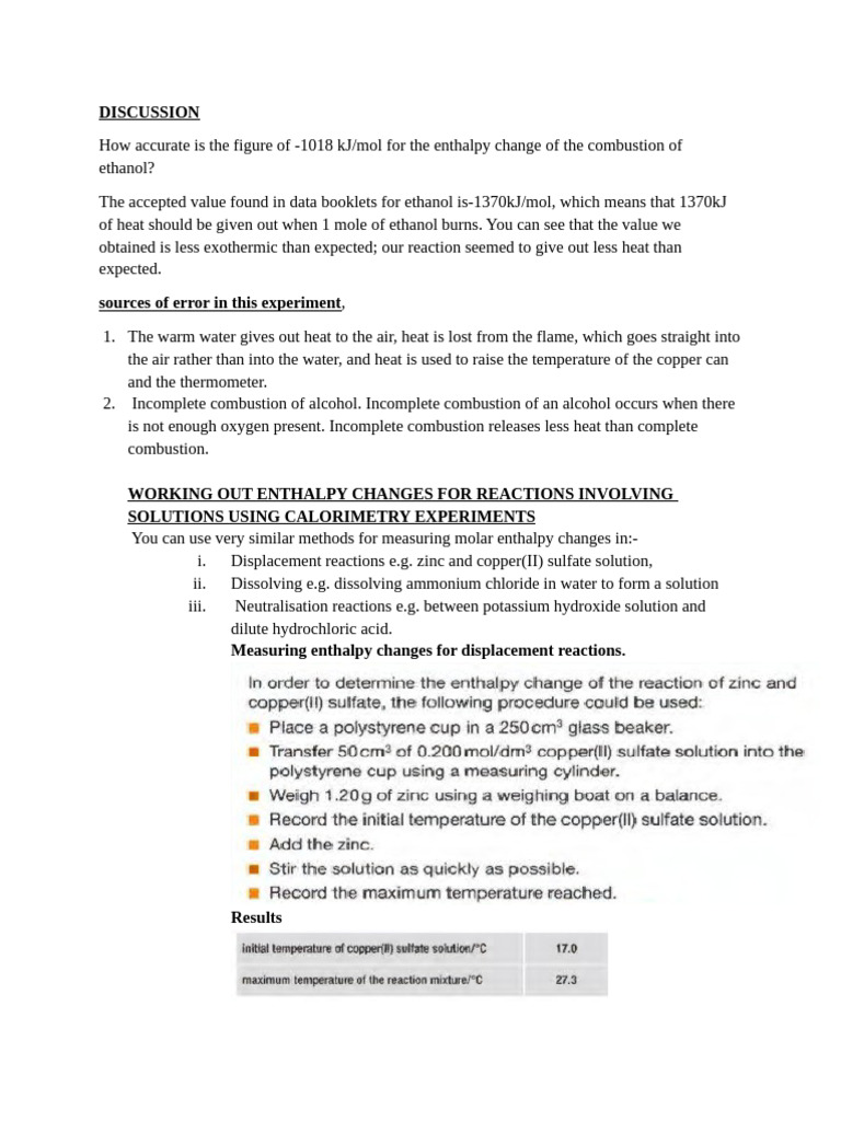 Calorimetry Experiments For Determining The Enthalpy Changes of ...
