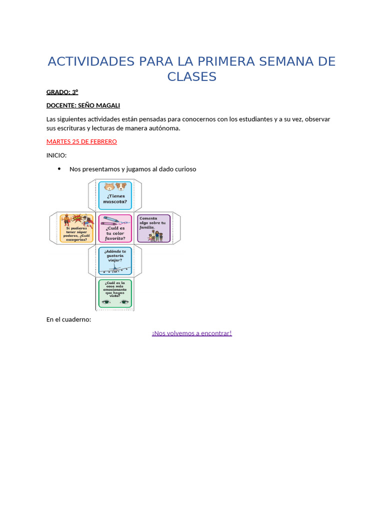 Actividades para La Primera Semana de Clases | PDF