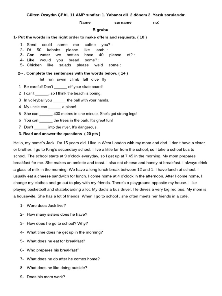 11th Grade English Exam Questions | PDF | Cuisine