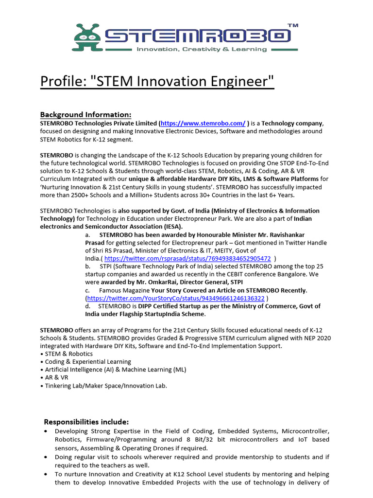 STEM Innovation Engineer Profile | PDF | Microcontroller | Internet Of ...