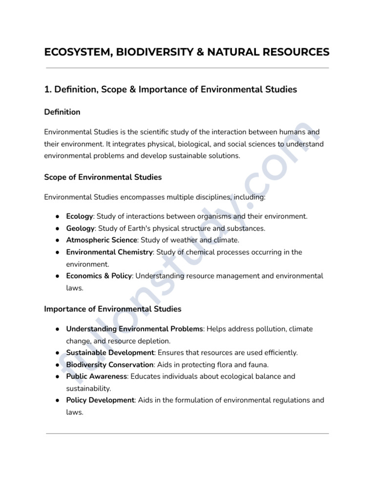 Ecosystem, Biodiversity & Natural Resources - Environment Studies | PDF ...