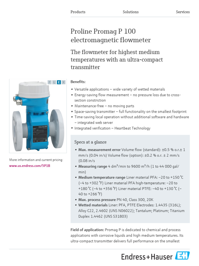 Proline Promag P 100 Flowmeter Overview | PDF | Flow Measurement