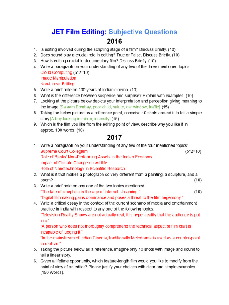 JET Film Editing Exam Questions 2016-2019 | PDF | Image