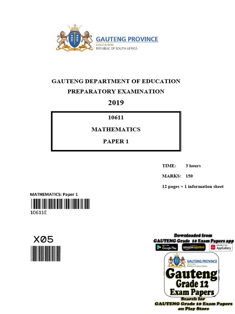 Grade 12 NSC Mathematics P1 (English) X5 2019 Preparatory Examination ...