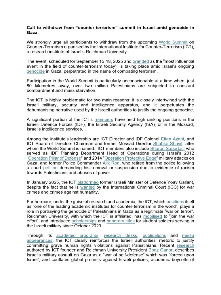 Withdraw from 2025 Counter-Terrorism Summit | PDF | Israel | World Politics