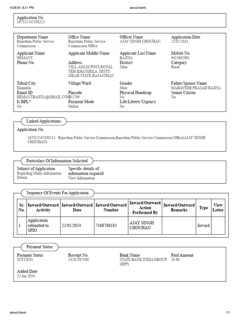 Rajasthan PSC Application Details | PDF