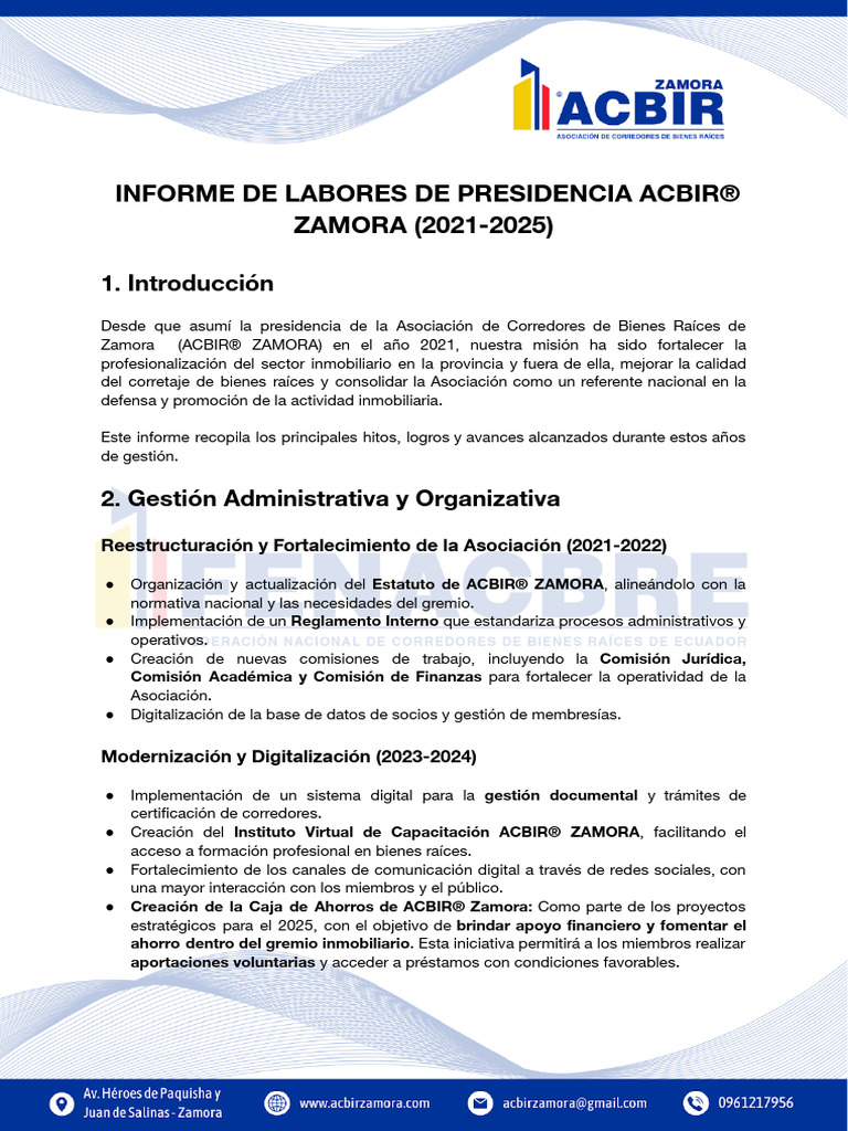 INFORME DE LABORES ACBIR® ZAMORA 2025 | PDF