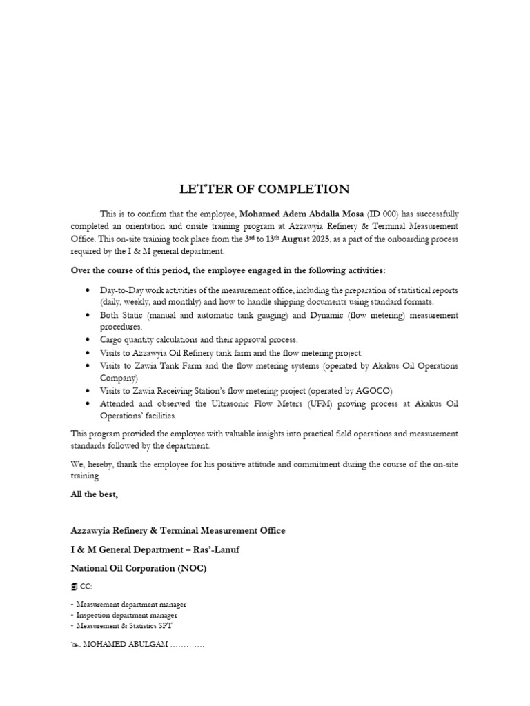 Letter of Completion - MOHAMED ADEM 2025 | PDF