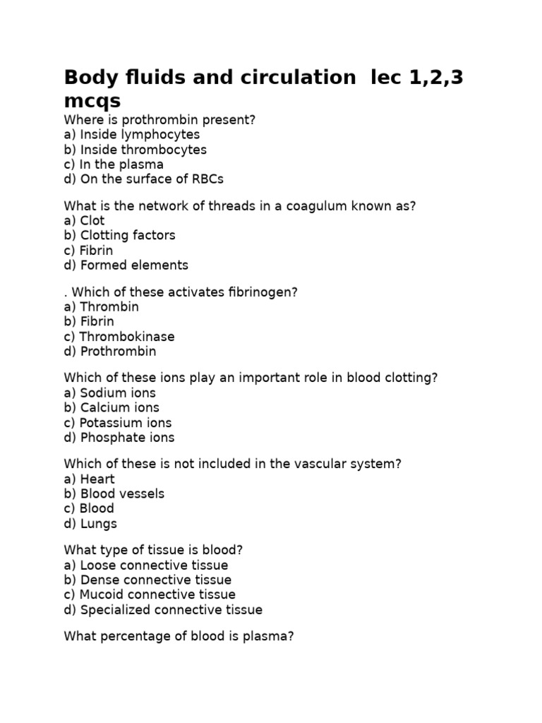 Body Fluids and Circulation Lec 1,2,3 Mcqs | PDF | White Blood Cell | Blood Plasma