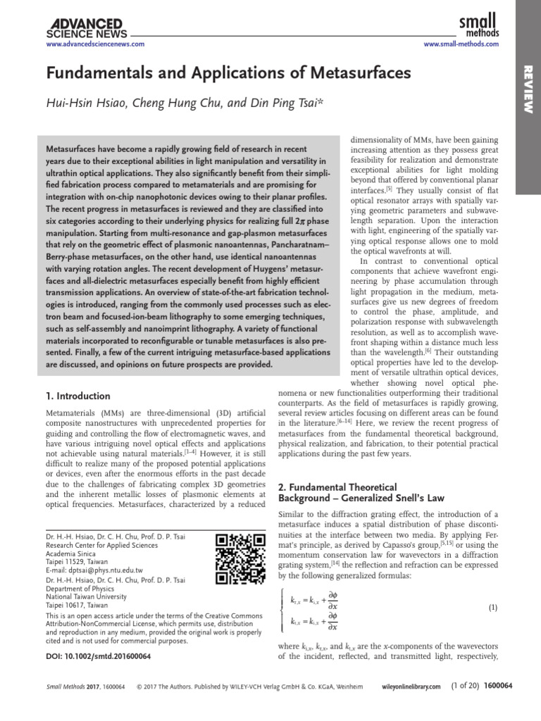 Fundamentals and Applications of Metasurfaces | PDF | Metamaterial | Polarization (Waves)