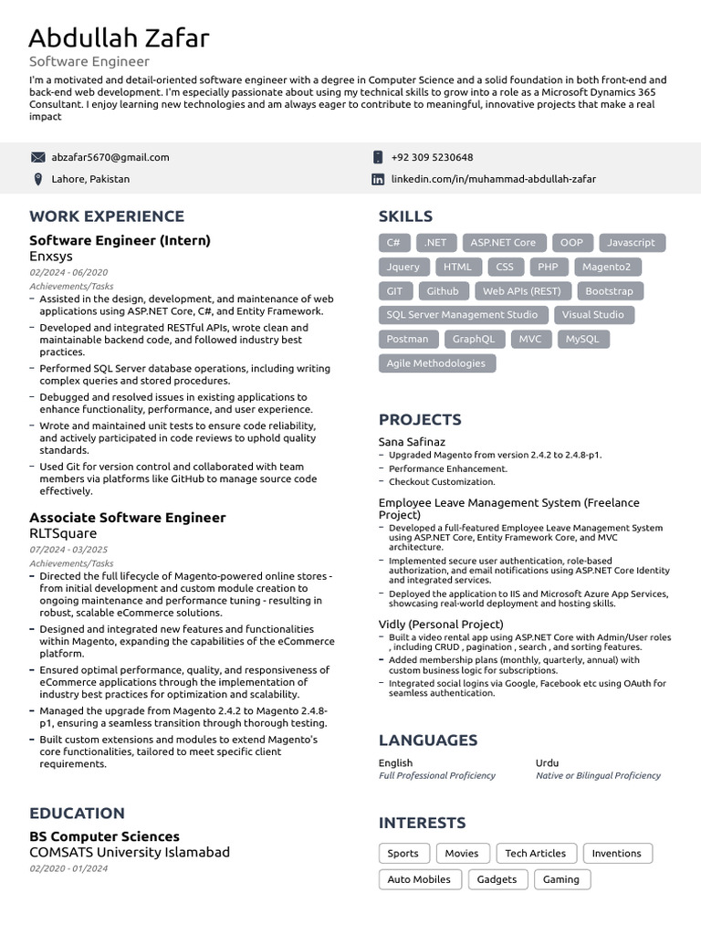 Abdullah Zafar Software Engineer | PDF | Software Development | Software
