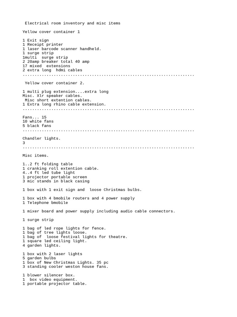 Electrical Room Inventory and Misc Items | PDF