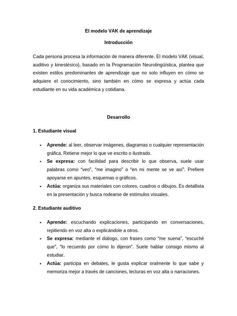 Estilos de Aprendizaje: Modelo VAK | PDF | Aprendizaje | Ciencias del ...