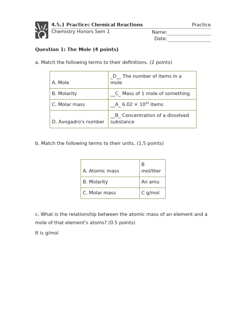 Chemical Reactions Practice Worksheet | PDF | Mole (Unit) | Hydroxide